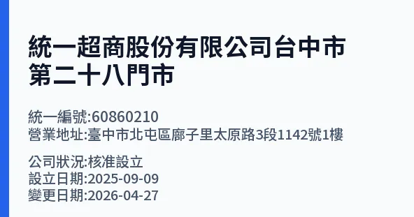 統一超商股份有限公司台中市第二十八門市的照片-統編 60860210(臺中市) 公司登記資料與營業項目詳細圖表