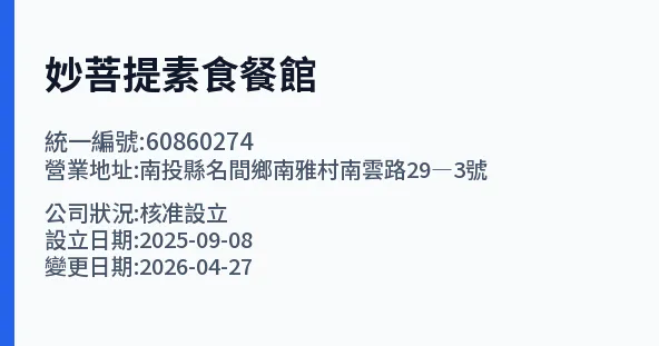 妙菩提素食餐館的照片-統編 60860274(南投縣) 公司登記資料與營業項目詳細圖表