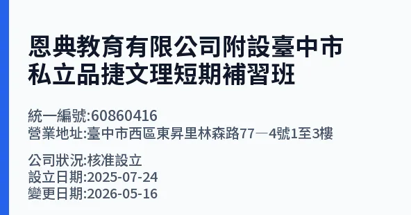 恩典教育有限公司附設臺中市私立品捷文理短期補習班的照片-統編 60860416(臺中市) 公司登記資料與營業項目詳細圖表