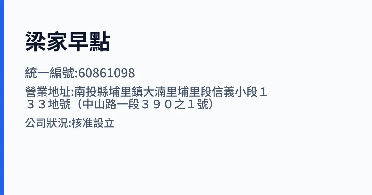 梁家早點 - 統編 60861098(南投縣) 公司登記資料與營業項目詳細圖表