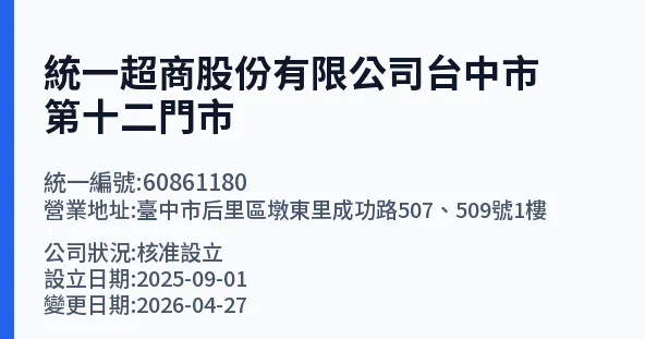 統一超商股份有限公司台中市第十二門市的照片-統編 60861180(臺中市) 公司登記資料與營業項目詳細圖表