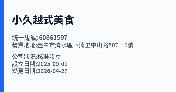 小久越式美食的照片-統編 60861597(臺中市) 公司登記資料與營業項目詳細圖表