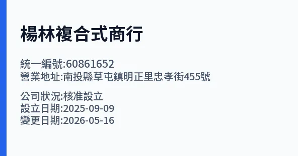 楊林複合式商行的照片-統編 60861652(南投縣) 公司登記資料與營業項目詳細圖表
