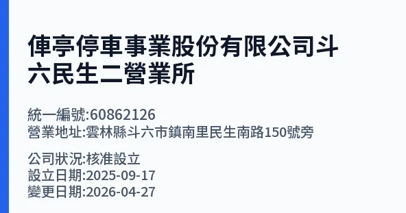 俥亭停車事業股份有限公司斗六民生二營業所的照片-統編 60862126(雲林縣) 公司登記資料與營業項目詳細圖表