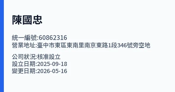 陳國忠的照片-統編 60862316(臺中市) 公司登記資料與營業項目詳細圖表
