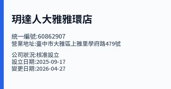 玥達人大雅雅環店的照片-統編 60862907(臺中市) 公司登記資料與營業項目詳細圖表