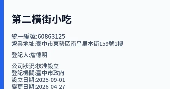 第二橫街小吃的照片-統編 60863125(臺中市) 公司登記資料與營業項目詳細圖表
