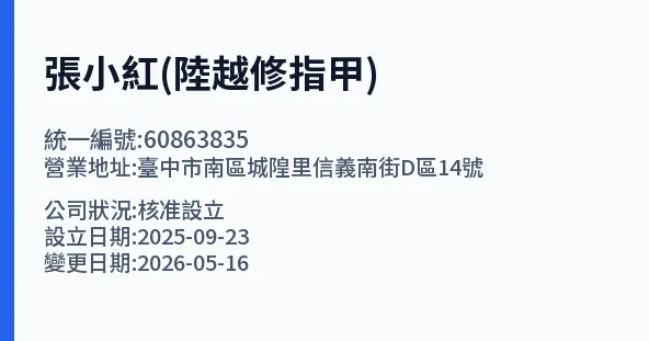 張小紅(陸越修指甲)的照片-統編 60863835(臺中市) 公司登記資料與營業項目詳細圖表