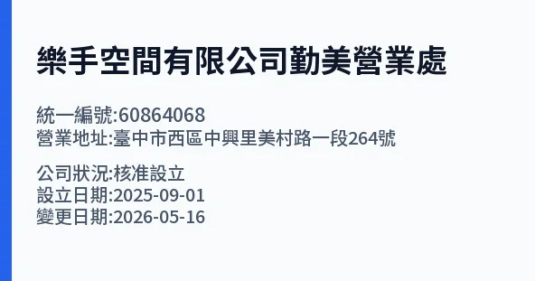 樂手空間有限公司勤美營業處的照片-統編 60864068(臺中市) 公司登記資料與營業項目詳細圖表