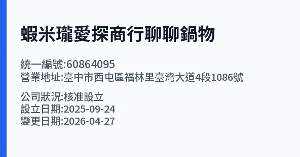 蝦米瓏愛探商行聊聊鍋物的照片-統編 60864095(臺中市) 公司登記資料與營業項目詳細圖表
