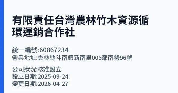 有限責任台灣農林竹木資源循環運銷合作社的照片-統編 60867234(雲林縣) 公司登記資料與營業項目詳細圖表