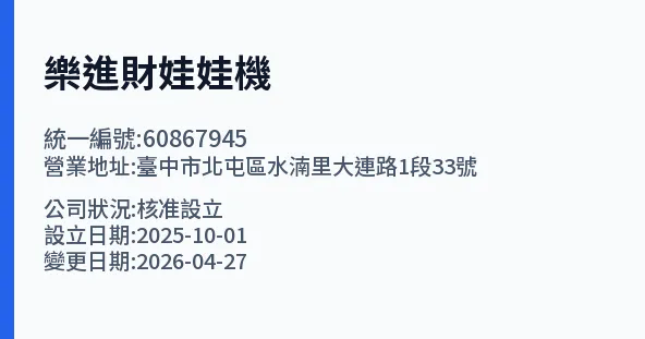 樂進財娃娃機的照片-統編 60867945(臺中市) 公司登記資料與營業項目詳細圖表