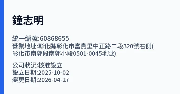 鐘志明的照片-統編 60868655(彰化縣) 公司登記資料與營業項目詳細圖表