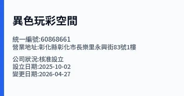 異色玩彩空間的照片-統編 60868661(彰化縣) 公司登記資料與營業項目詳細圖表