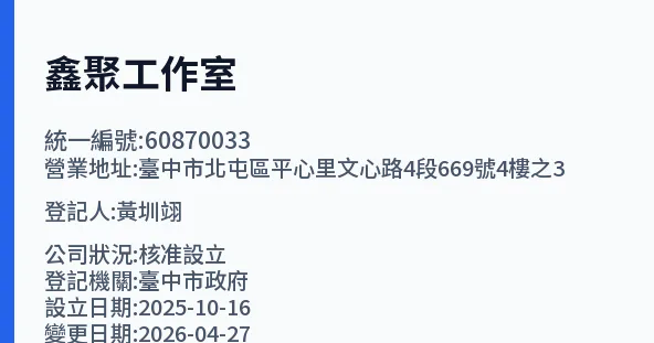鑫聚工作室的照片-統編 60870033(臺中市) 公司登記資料與營業項目詳細圖表
