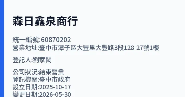 森日鑫泉商行的照片-統編 60870202(臺中市) 公司登記資料與營業項目詳細圖表