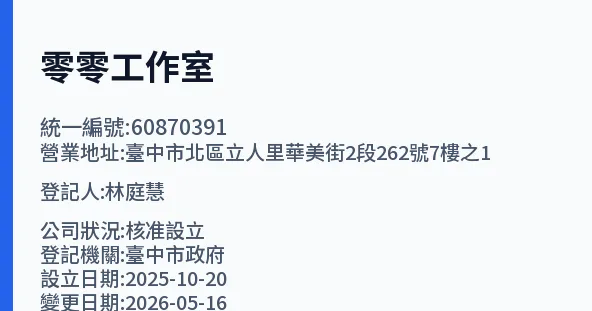 零零工作室的照片-統編 60870391(臺中市) 公司登記資料與營業項目詳細圖表