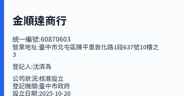 金順達商行的照片-統編 60870603(臺中市) 公司登記資料與營業項目詳細圖表