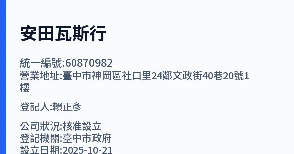 安田瓦斯行的照片-統編 60870982(臺中市) 公司登記資料與營業項目詳細圖表