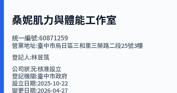 桑妮肌力與體能工作室的照片-統編 60871259(臺中市) 公司登記資料與營業項目詳細圖表