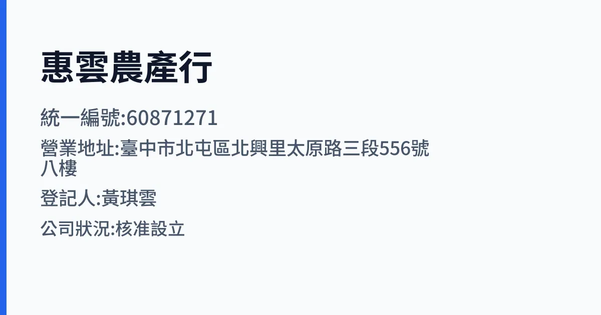 惠雲農產行 - 統編 60871271(臺中市) 公司登記資料與營業項目詳細圖表