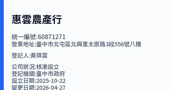 惠雲農產行的照片-統編 60871271(臺中市) 公司登記資料與營業項目詳細圖表
