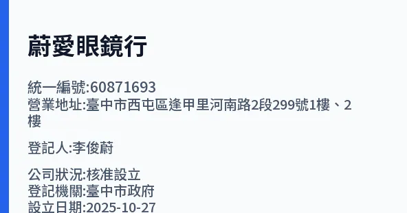 蔚愛眼鏡行的照片-統編 60871693(臺中市) 公司登記資料與營業項目詳細圖表