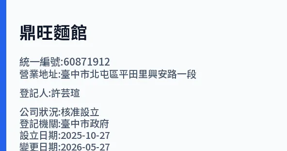 鼎旺麵館的照片-統編 60871912(臺中市) 公司登記資料與營業項目詳細圖表