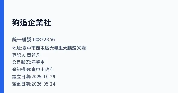 狗追企業社的照片-統編 60872356(臺中市) 公司登記資料與營業項目詳細圖表