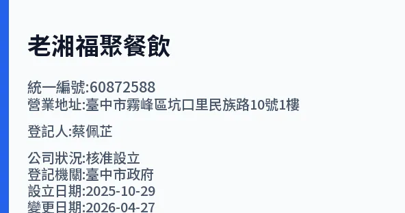 老湘福聚餐飲的照片-統編 60872588(臺中市) 公司登記資料與營業項目詳細圖表