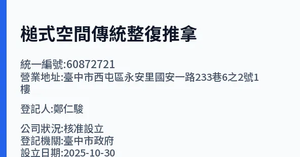 槌式空間傳統整復推拿的照片-統編 60872721(臺中市) 公司登記資料與營業項目詳細圖表