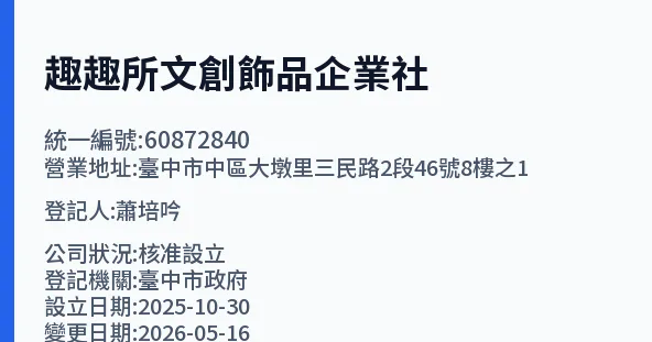 趣趣所文創飾品企業社的照片-統編 60872840(臺中市) 公司登記資料與營業項目詳細圖表