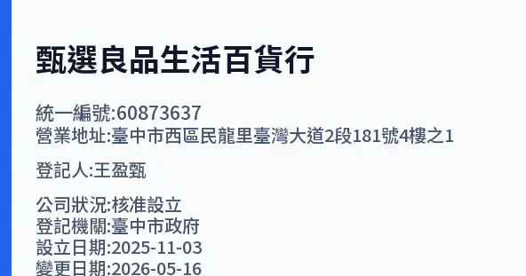 甄選良品生活百貨行的照片-統編 60873637(臺中市) 公司登記資料與營業項目詳細圖表