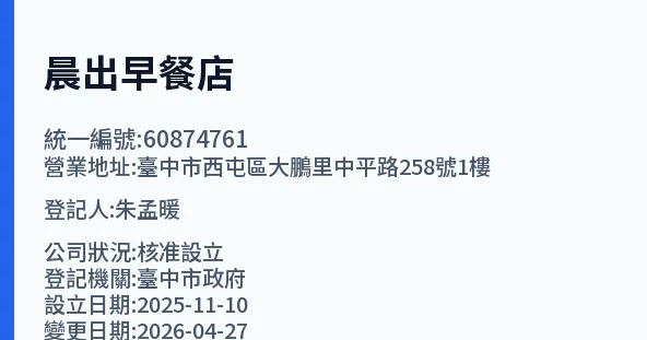 晨出早餐店的照片-統編 60874761(臺中市) 公司登記資料與營業項目詳細圖表