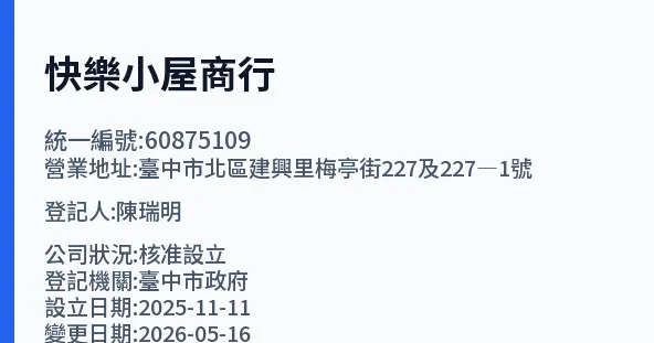 快樂小屋商行的照片-統編 60875109(臺中市) 公司登記資料與營業項目詳細圖表