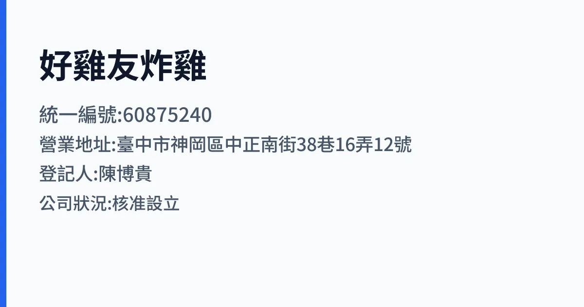 好雞友炸雞 - 統編 60875240(臺中市) 公司登記資料與營業項目詳細圖表