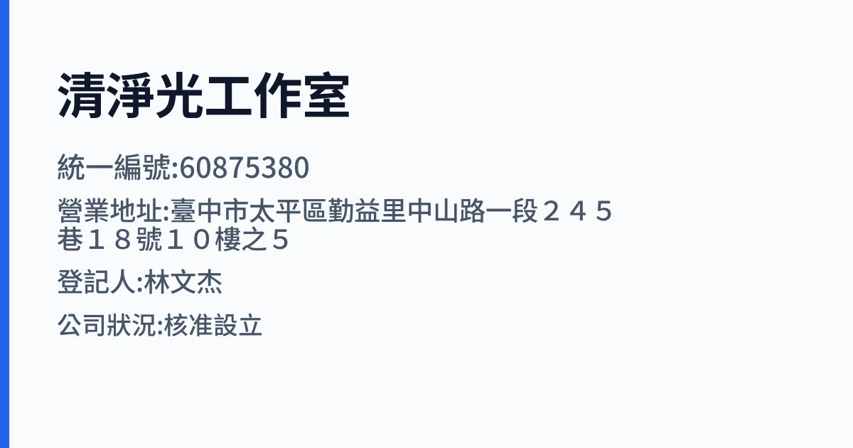 清淨光工作室 - 統編 60875380（臺中市） 公司登記資料與營業項目詳細圖表