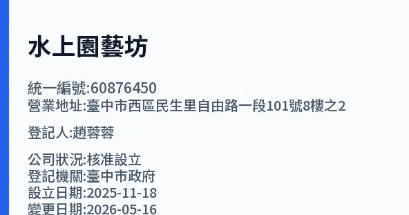 水上園藝坊的照片-統編 60876450(臺中市) 公司登記資料與營業項目詳細圖表