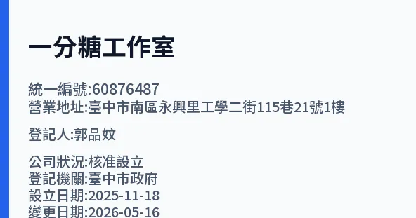 一分糖工作室的照片-統編 60876487(臺中市) 公司登記資料與營業項目詳細圖表