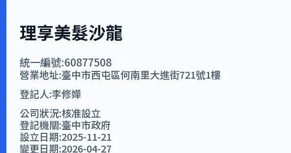 理享美髮沙龍的照片-統編 60877508(臺中市) 公司登記資料與營業項目詳細圖表