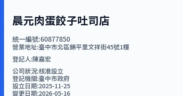 晨元肉蛋餃子吐司店的照片-統編 60877850(臺中市) 公司登記資料與營業項目詳細圖表
