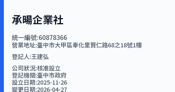 承暘企業社的照片-統編 60878366(臺中市) 公司登記資料與營業項目詳細圖表