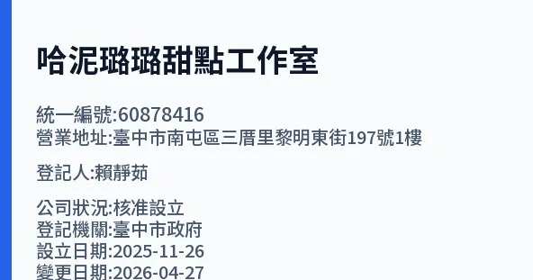 哈泥璐璐甜點工作室的照片-統編 60878416(臺中市) 公司登記資料與營業項目詳細圖表