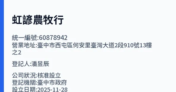 虹諺農牧行的照片-統編 60878942(臺中市) 公司登記資料與營業項目詳細圖表