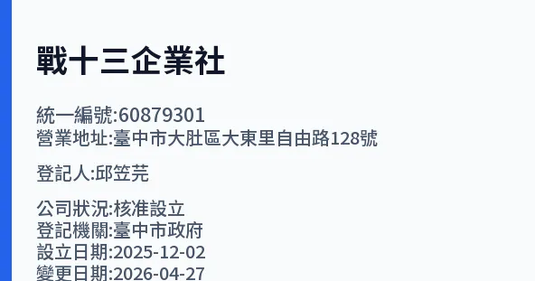 戰十三企業社的照片-統編 60879301(臺中市) 公司登記資料與營業項目詳細圖表
