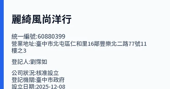 麗綺風尚洋行的照片-統編 60880399(臺中市) 公司登記資料與營業項目詳細圖表