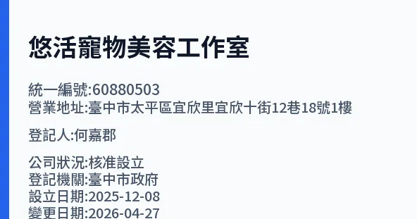 悠活寵物美容工作室的照片-統編 60880503(臺中市) 公司登記資料與營業項目詳細圖表