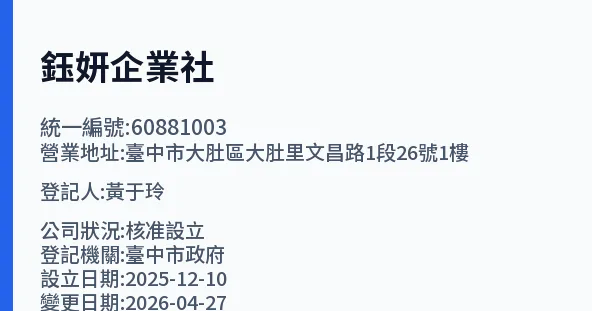 鈺妍企業社的照片-統編 60881003(臺中市) 公司登記資料與營業項目詳細圖表