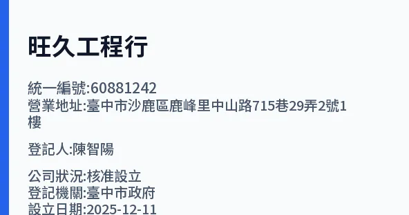 旺久工程行的照片-統編 60881242(臺中市) 公司登記資料與營業項目詳細圖表