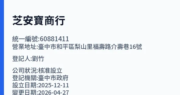 芝安寶商行的照片-統編 60881411(臺中市) 公司登記資料與營業項目詳細圖表